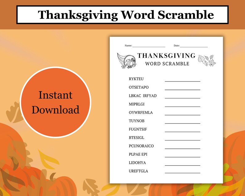 Thanksgiving Word Scramble, Thanksgiving Printable Games, Fall Games ...