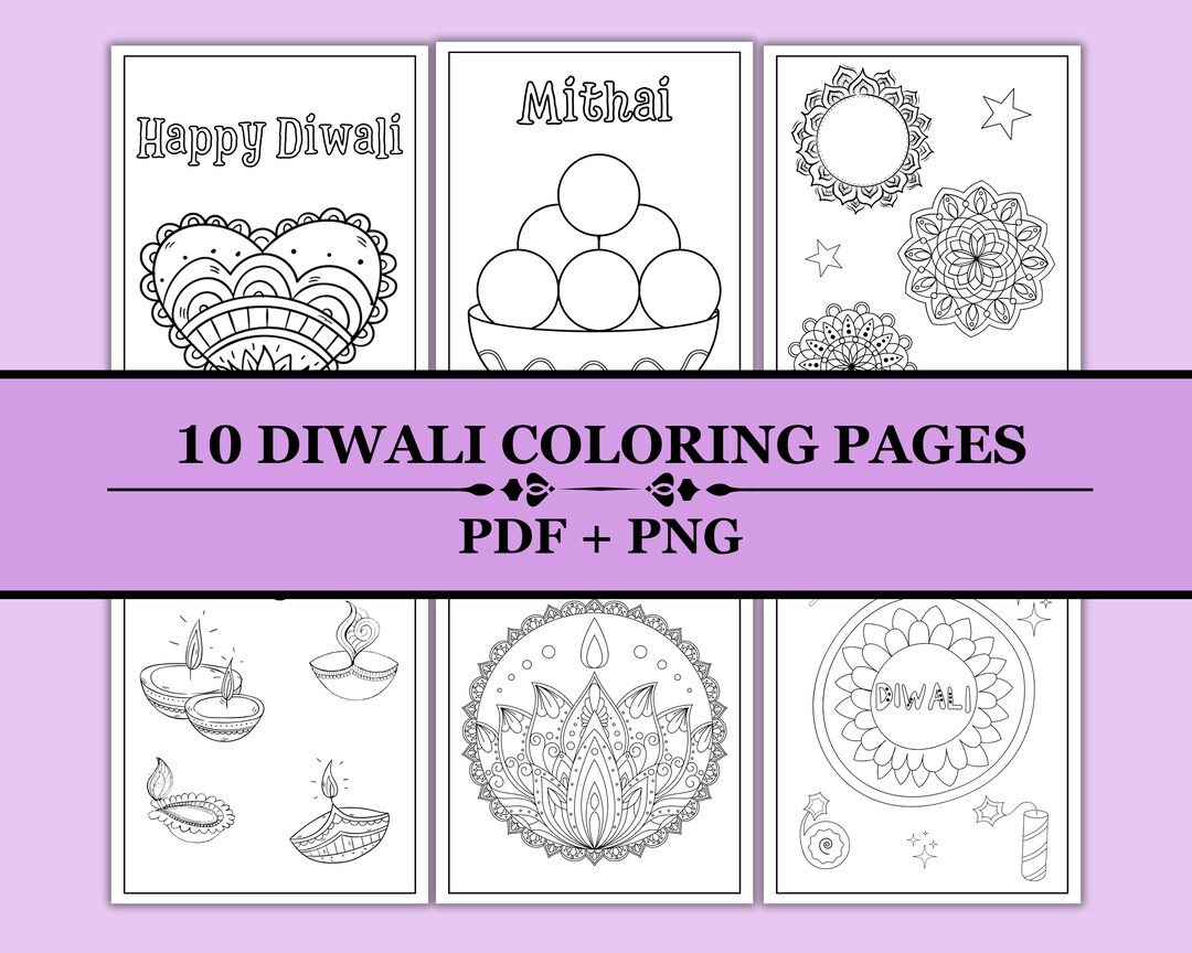 10 Diwali Coloring Pages Bundle, Printable Diwali Coloring Book for ...