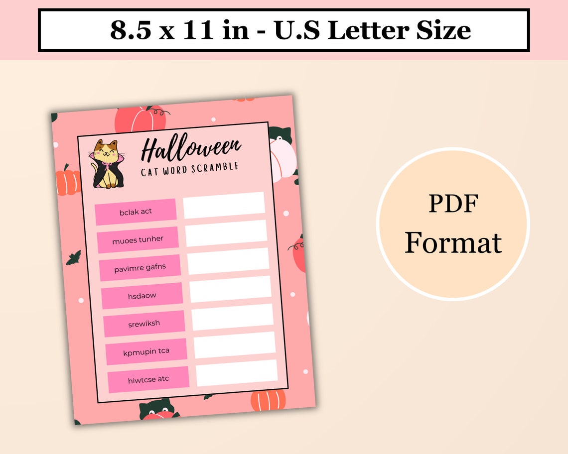 Cute Cat Word Scramble, Halloween Word Scramble Game, Halloween Word ...