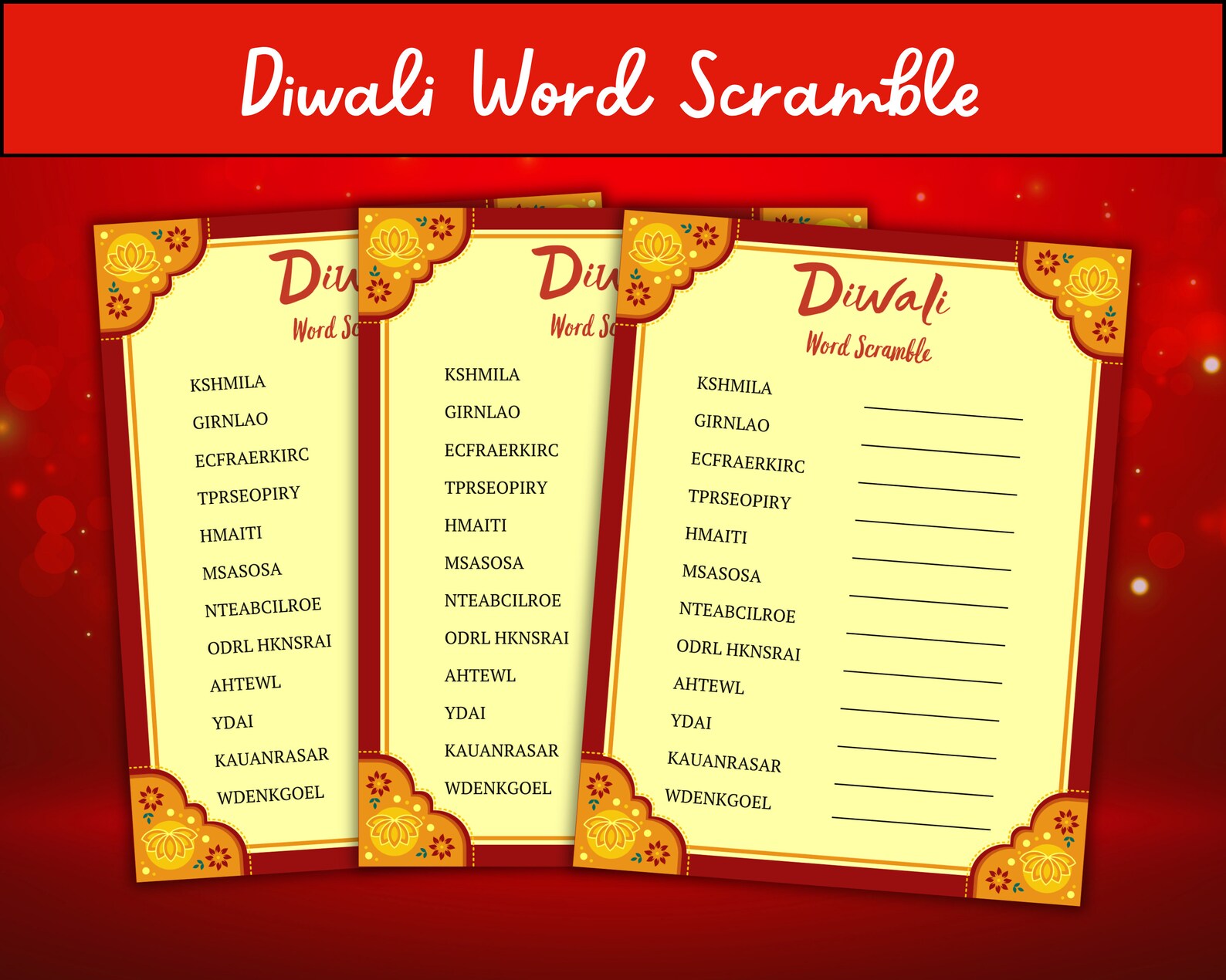 Diwali Word Scramble, Diwali Printables, Diwali Party Games, Printed ...