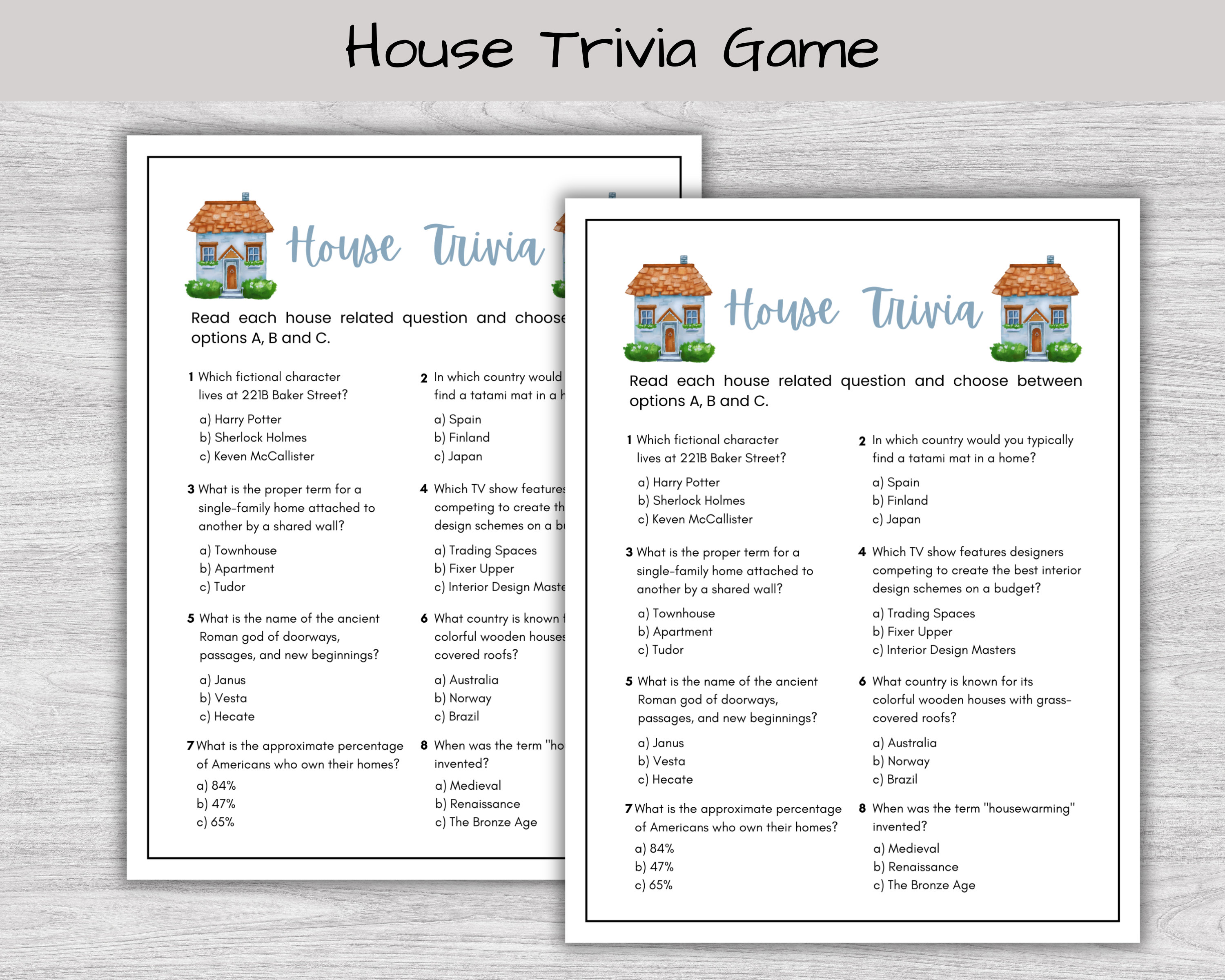 House Trivia Game, Printable House Trivia Game, Housewarming Party ...