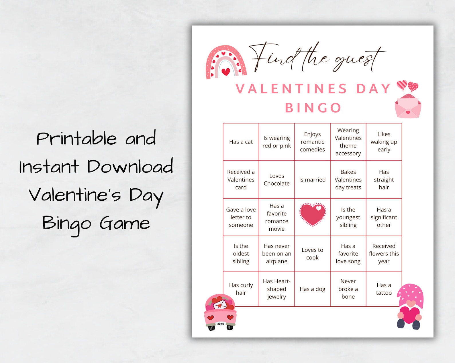 Valentine's Day Find the Guest Bingo Printable Valentine's Day Party ...