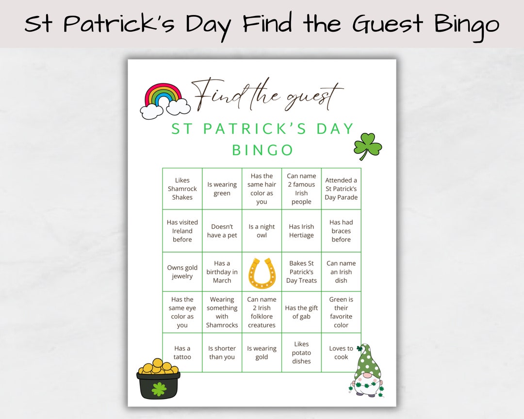 St Patrick's Day Find the Guest Bingo Printable St Patrick's Day Party ...