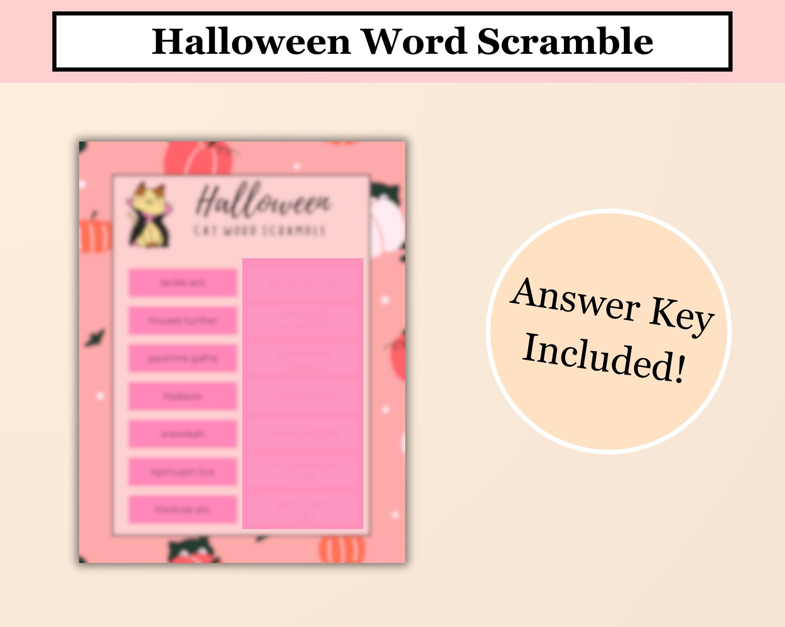 Cute Cat Word Scramble, Halloween Word Scramble Game, Halloween Word ...