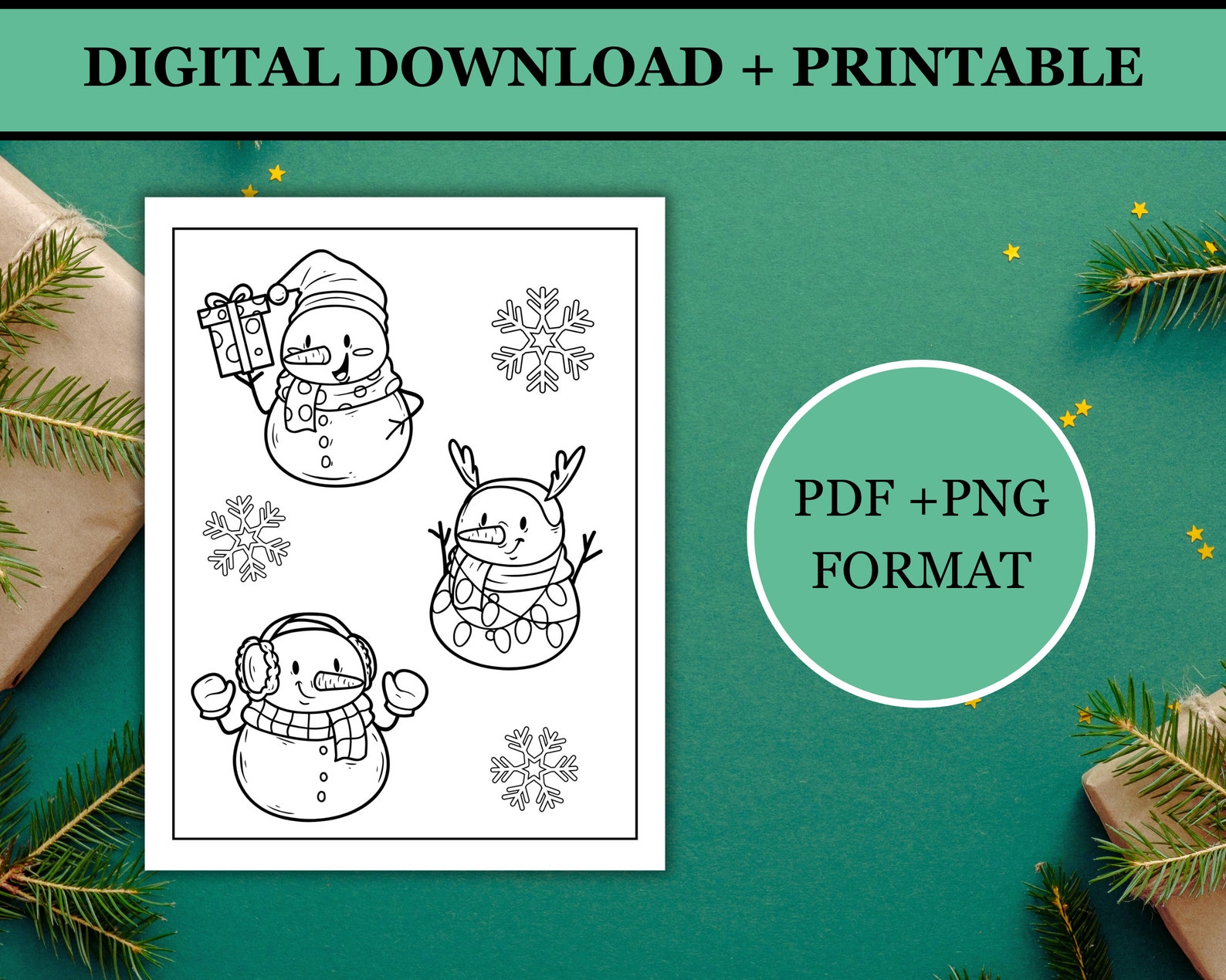 Christmas Coloring Page Cute Snowman PNG Printable Kids - Etsy