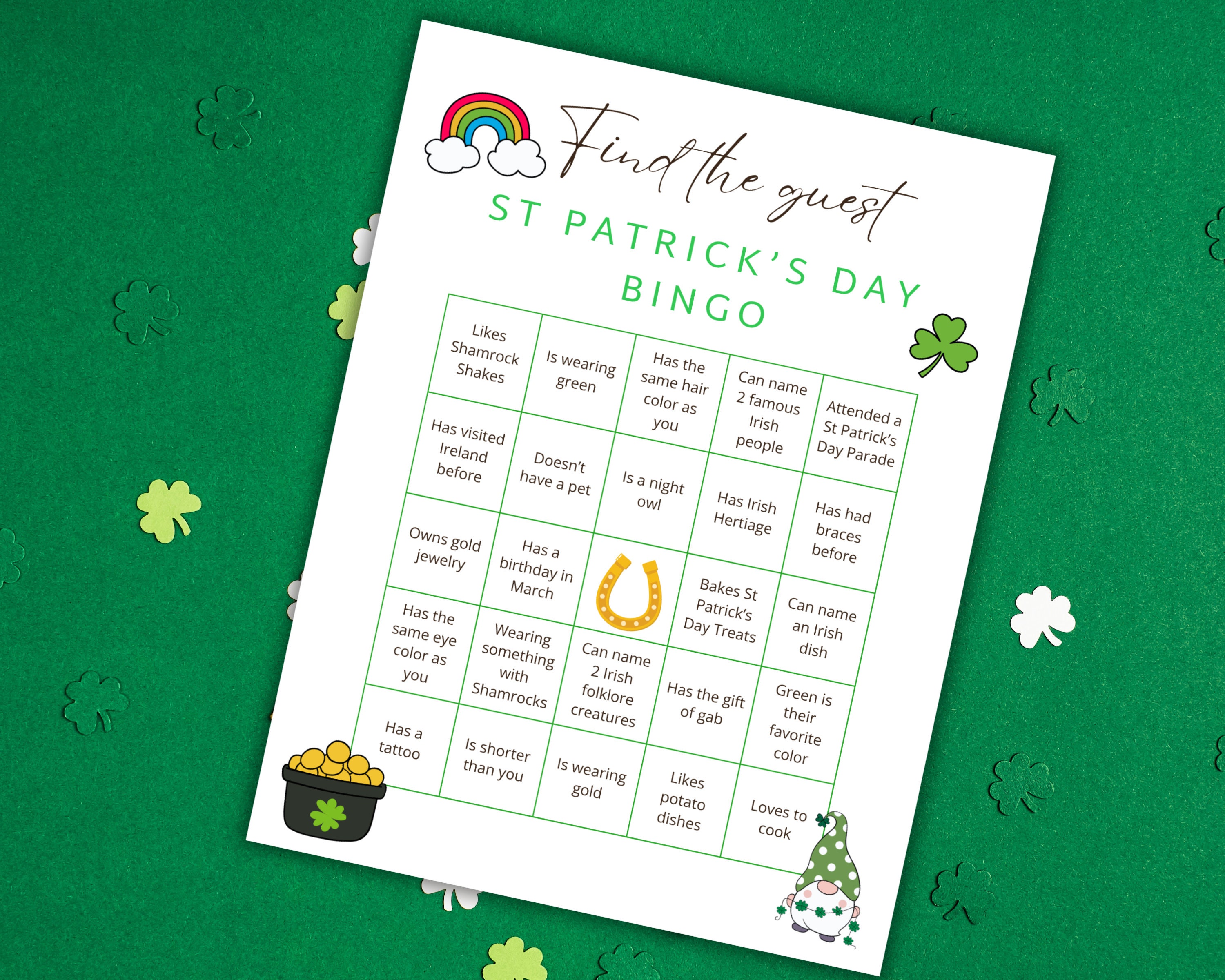 St Patrick's Day Find the Guest Bingo Printable St Patrick's Day Party ...