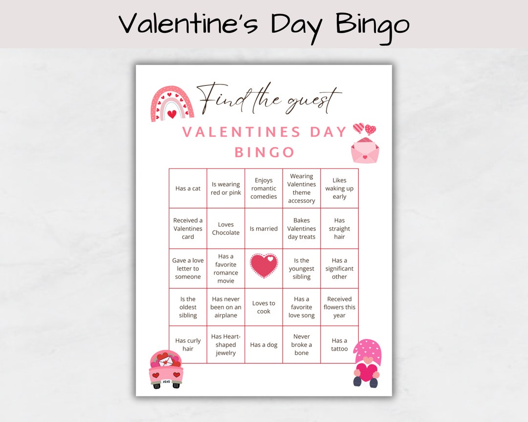 Valentine's Day Find the Guest Bingo Printable Valentine's Day Party ...