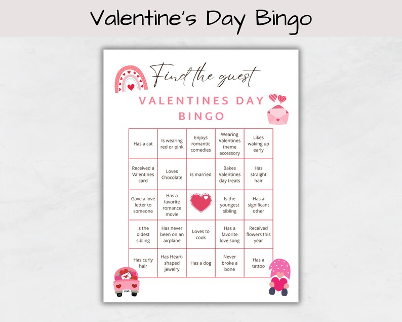Valentine's Day Find the Guest Bingo Printable Valentine's Day Party ...