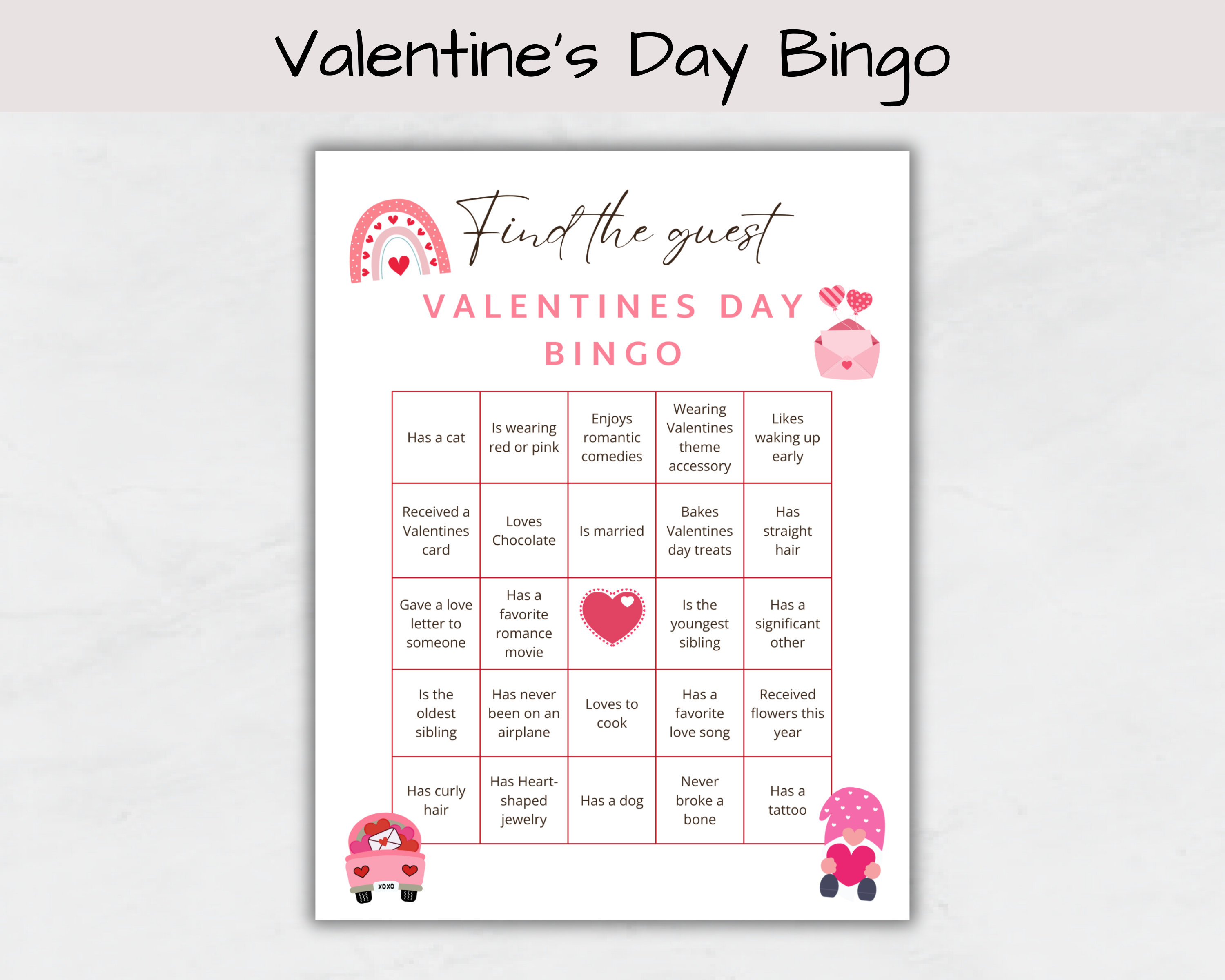Valentine's Day Find the Guest Bingo Printable Valentine's Day Party ...