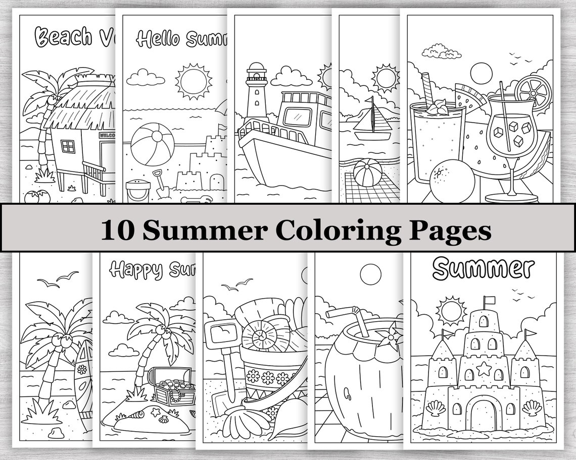 Summer Coloring Pages Bundle for Kids and Adults, 10 Printable Summer ...