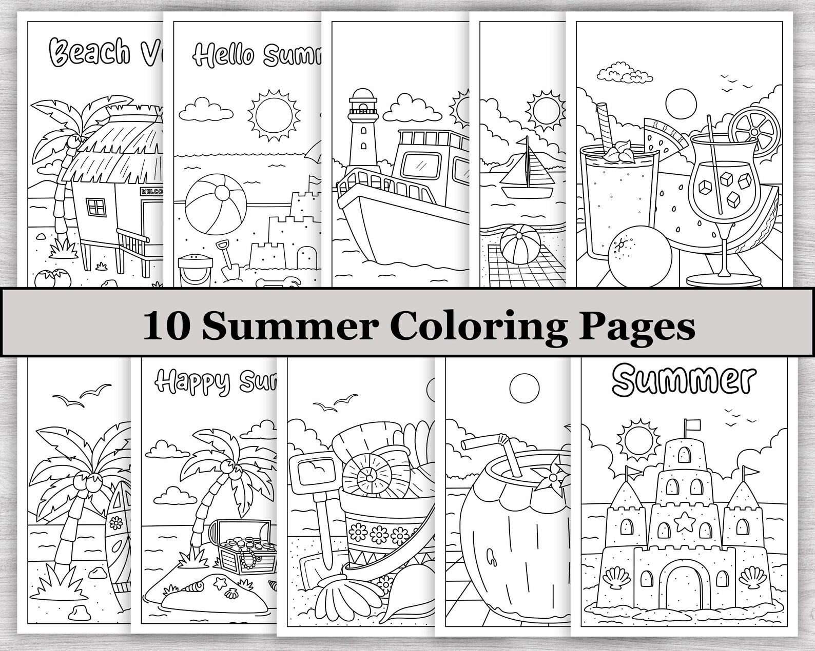 Summer Coloring Pages Bundle for Kids and Adults, 10 Printable Summer ...