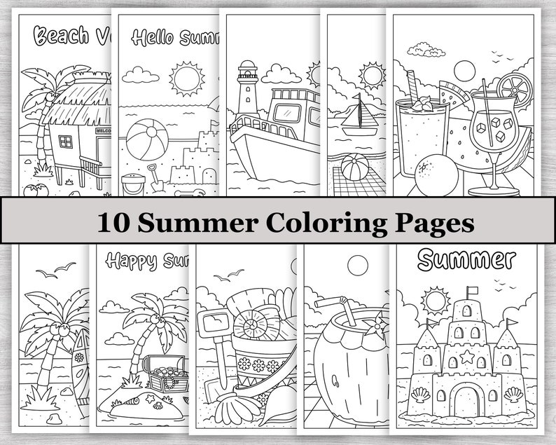 Summer Coloring Pages Bundle for Kids and Adults, 10 Printable Summer ...