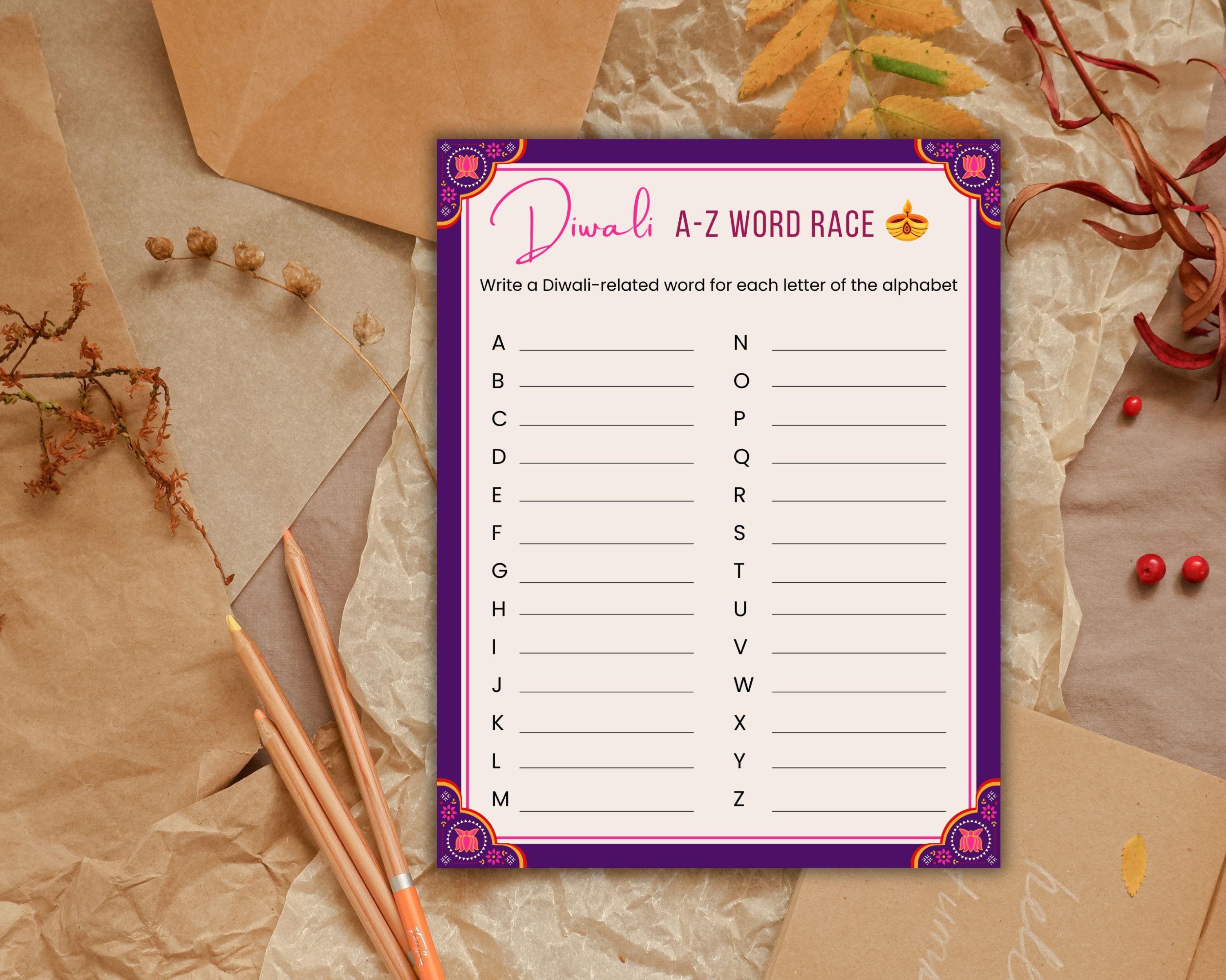 Diwali Word Race Game, Printable Diwali Party Games Activity for Kids ...
