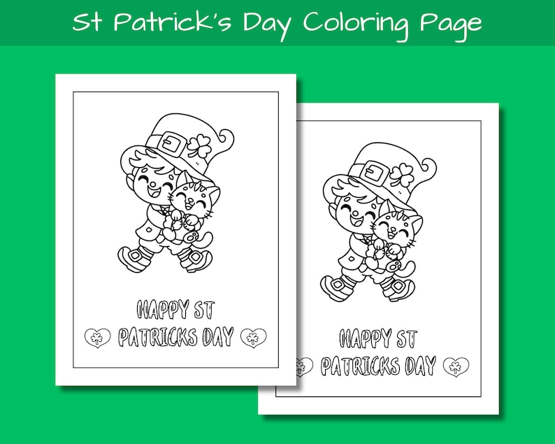 Leprechaun and Cat Coloring Page, St. Patrick's Day Activity (PDF) - Etsy