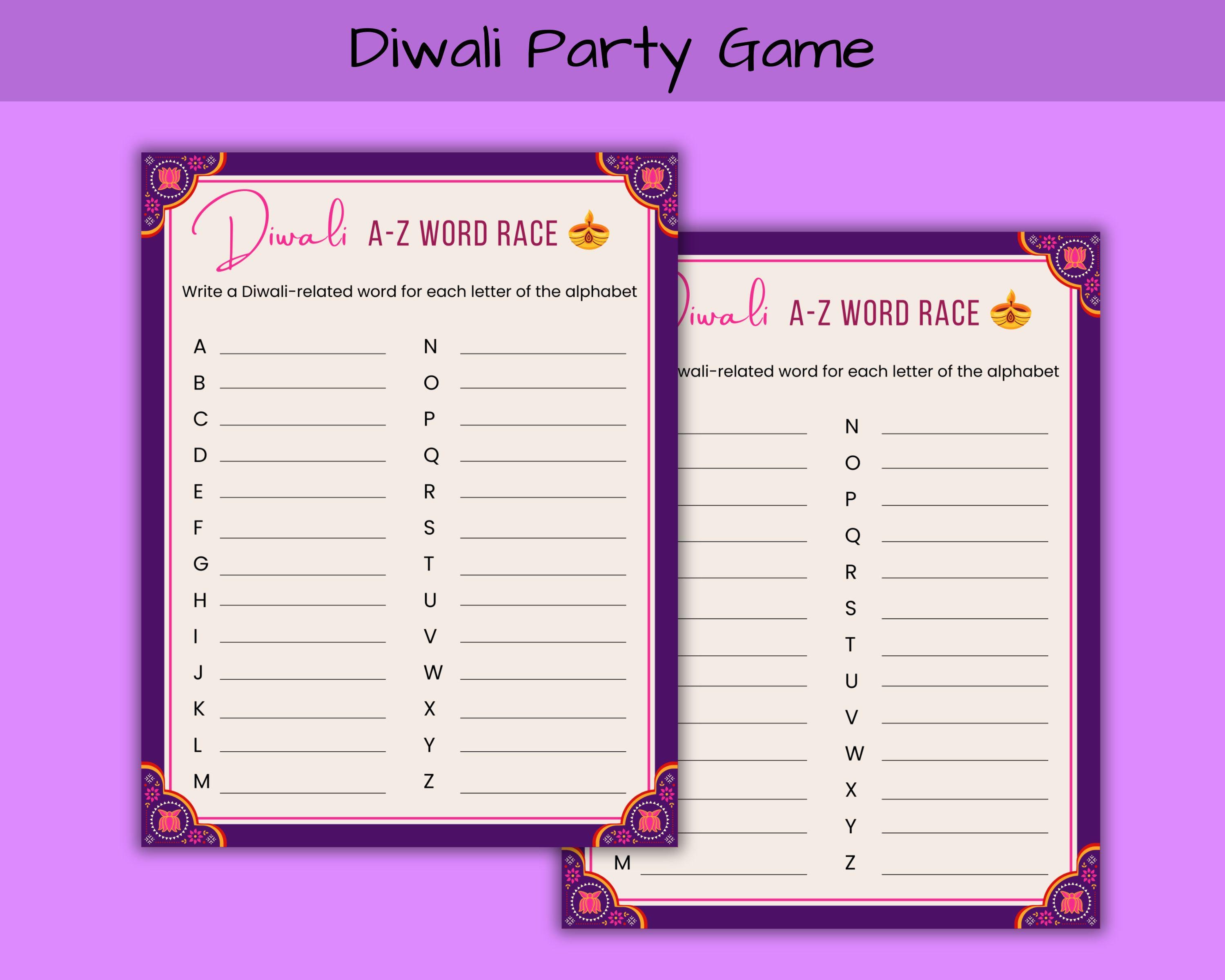 Diwali Word Race Game, Printable Diwali Party Games Activity for Kids ...