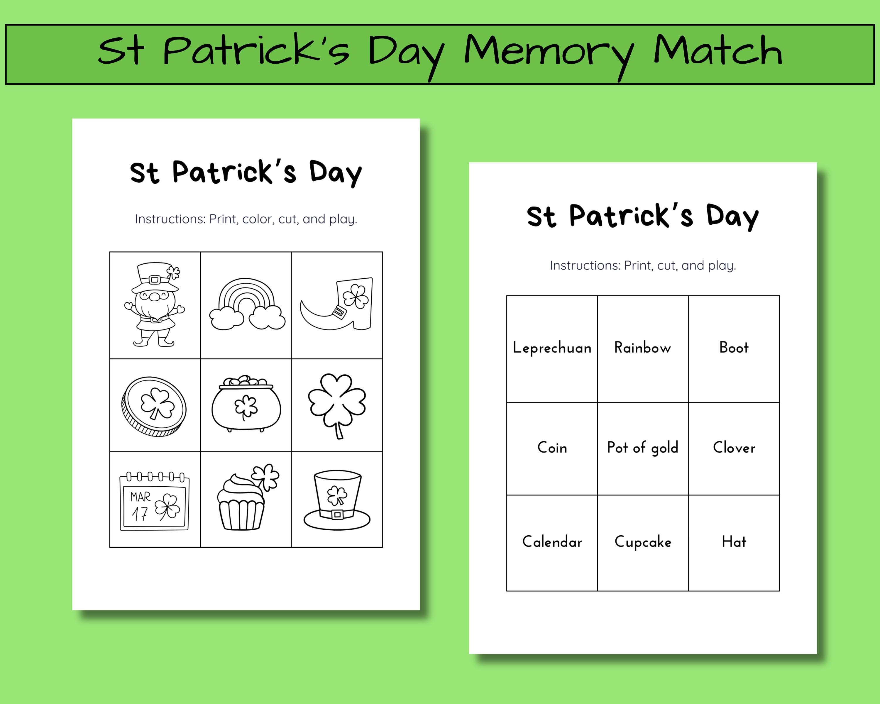 Printable St Patrick's Day Coloring Memory Match Game for Kids and ...