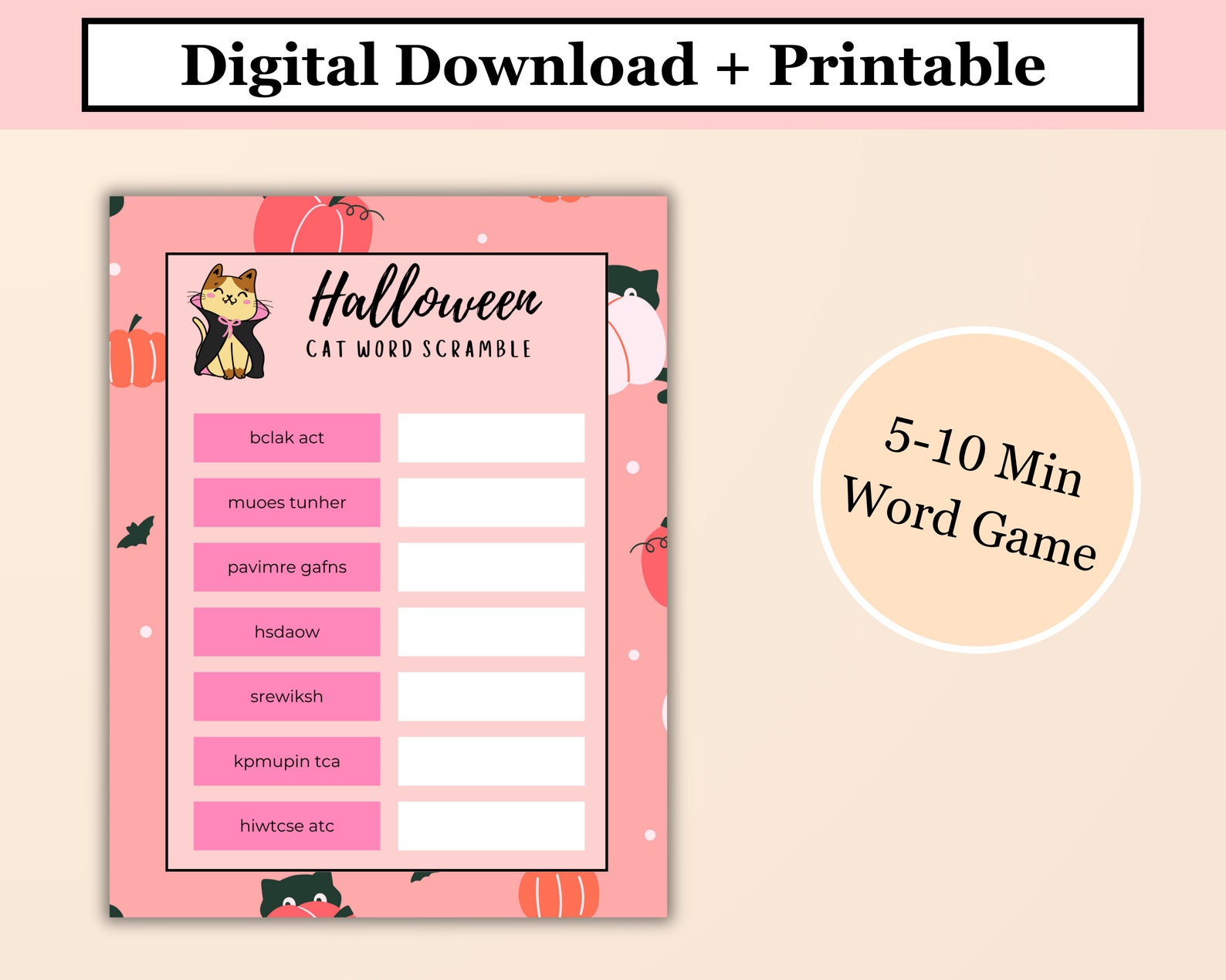 Cute Cat Word Scramble, Halloween Word Scramble Game, Halloween Word ...