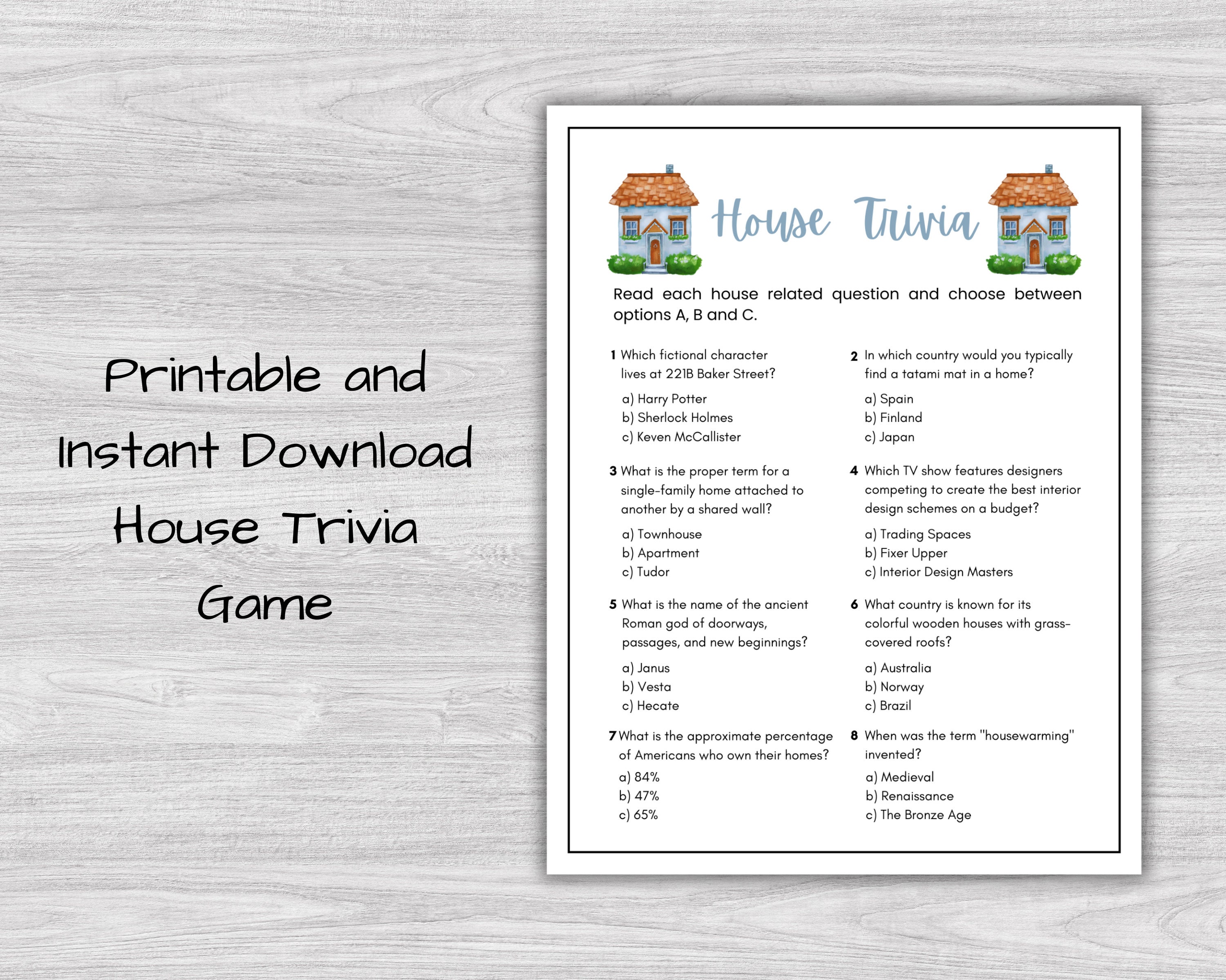 House Trivia Game, Printable House Trivia Game, Housewarming Party ...