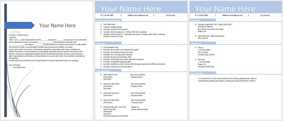 Basic Resume Template Blue - Etsy