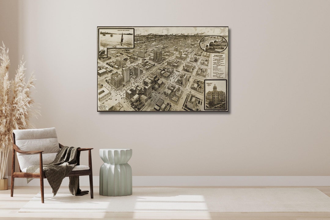Vintage Houston Map, 1920s Downtown City Plan, Houston Aerial View ...