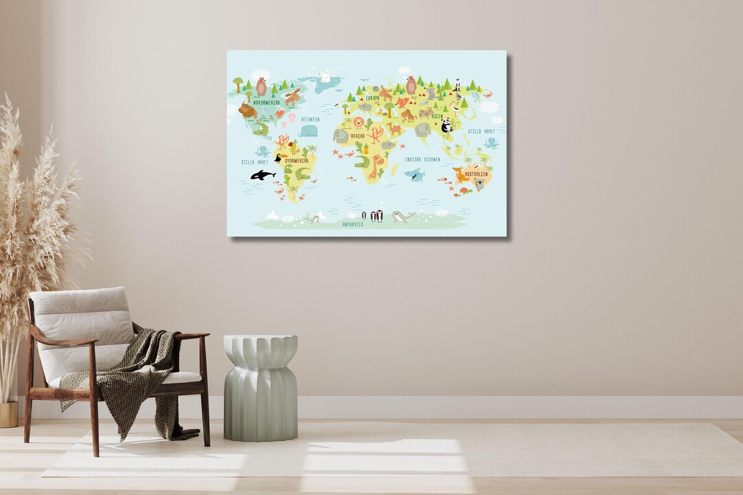 World Map for Kids Canvas, Swedish World Map Art, Colorful Wildlife ...