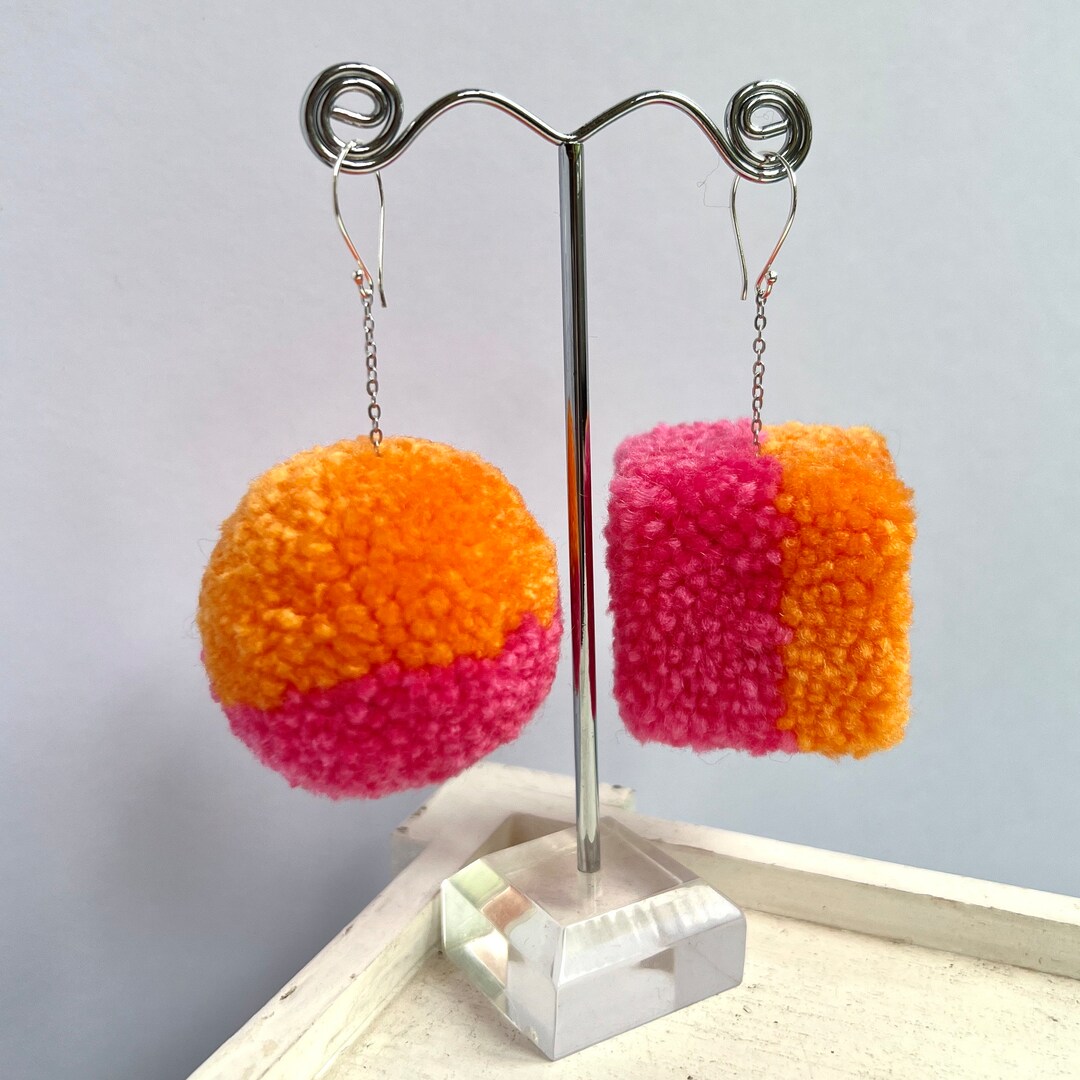 Handmade Cute Sphere and Cube Pom-pom Earrings in Contemporary Design ...