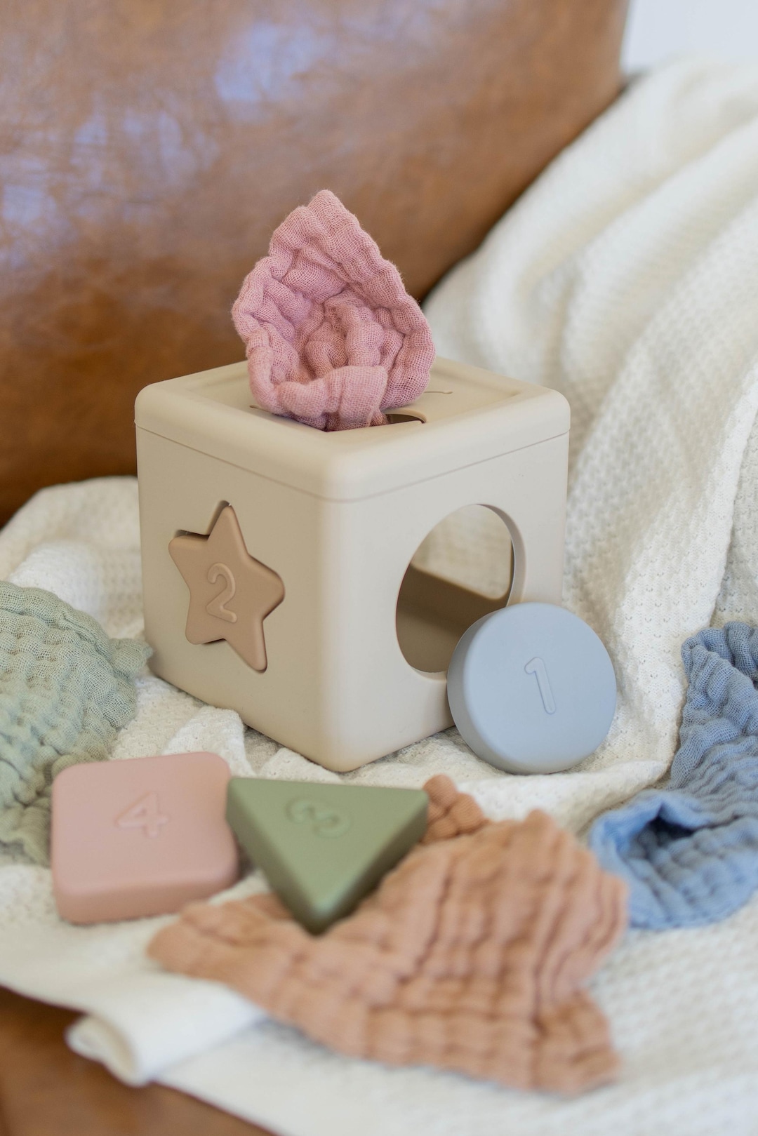 Silicone Shape Sorter & Tissue Box Toy With Organic Muslin Cotton ...