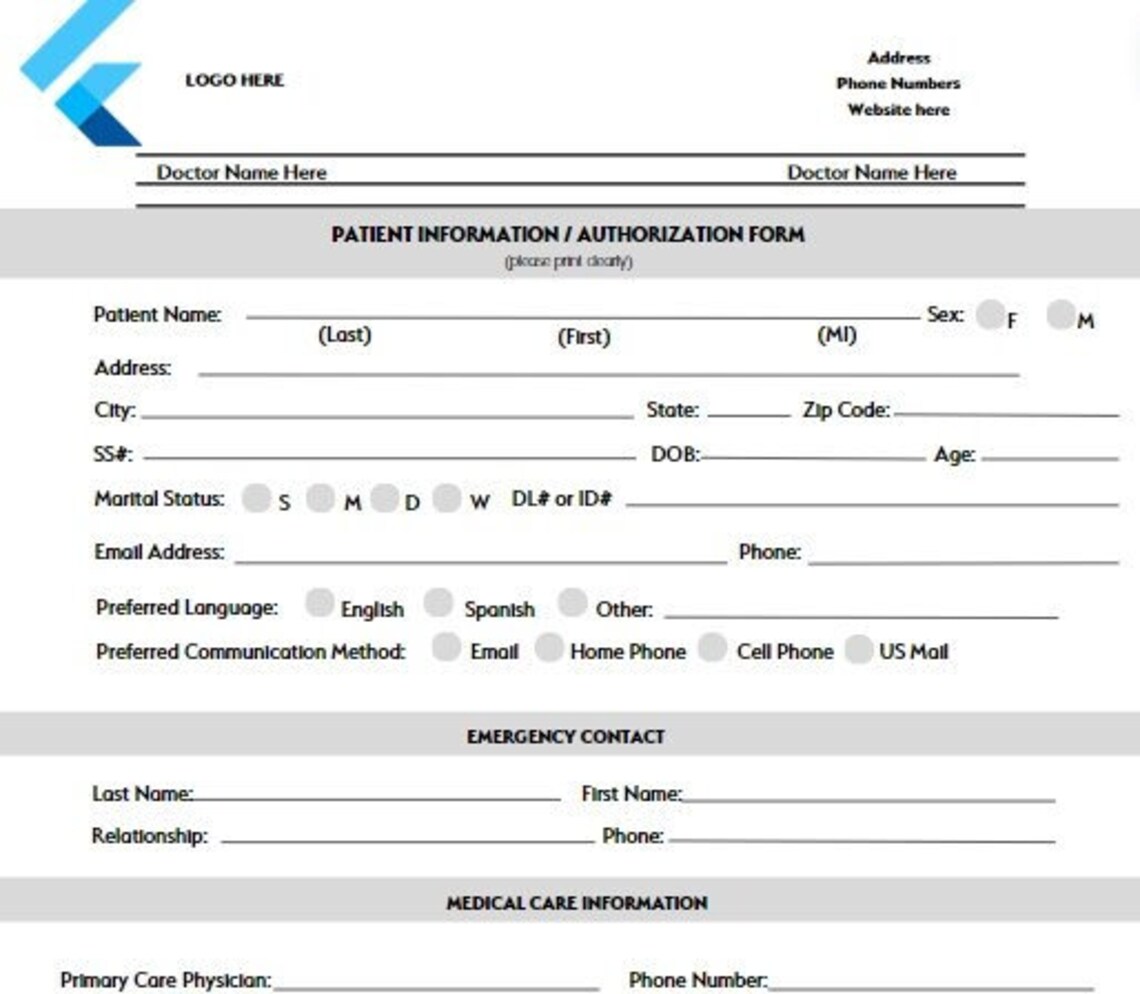 Editable Patient Intake Form - Etsy