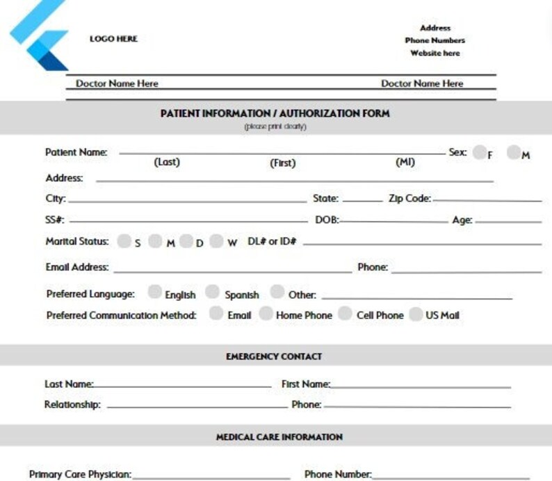 Editable Patient Intake Form - Etsy