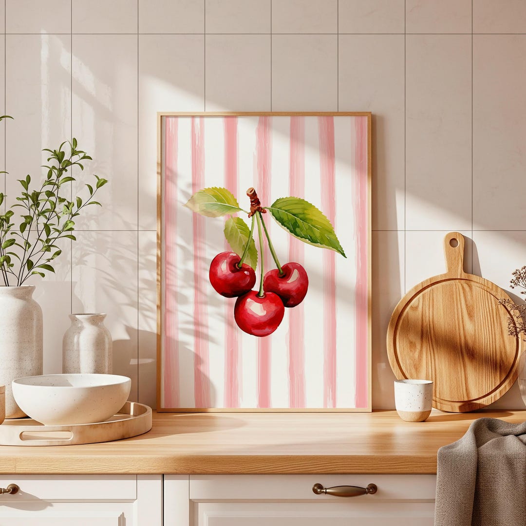 Watercolor Cherries Print | Pink Stripe Kitchen Wall Art (digital ...