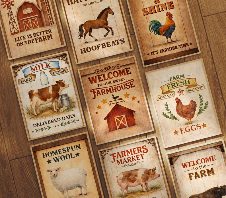 Farmhouse Animal Prints Set Rustic Kitchen Wall Art (digital Download ...