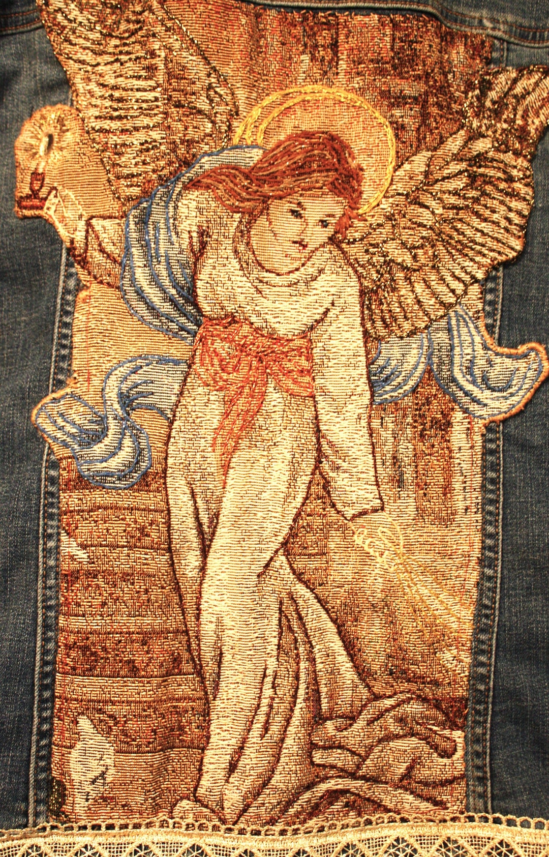 Denim Jacket With Angel Metallic Treads on Wings Upcycled Recycled ...