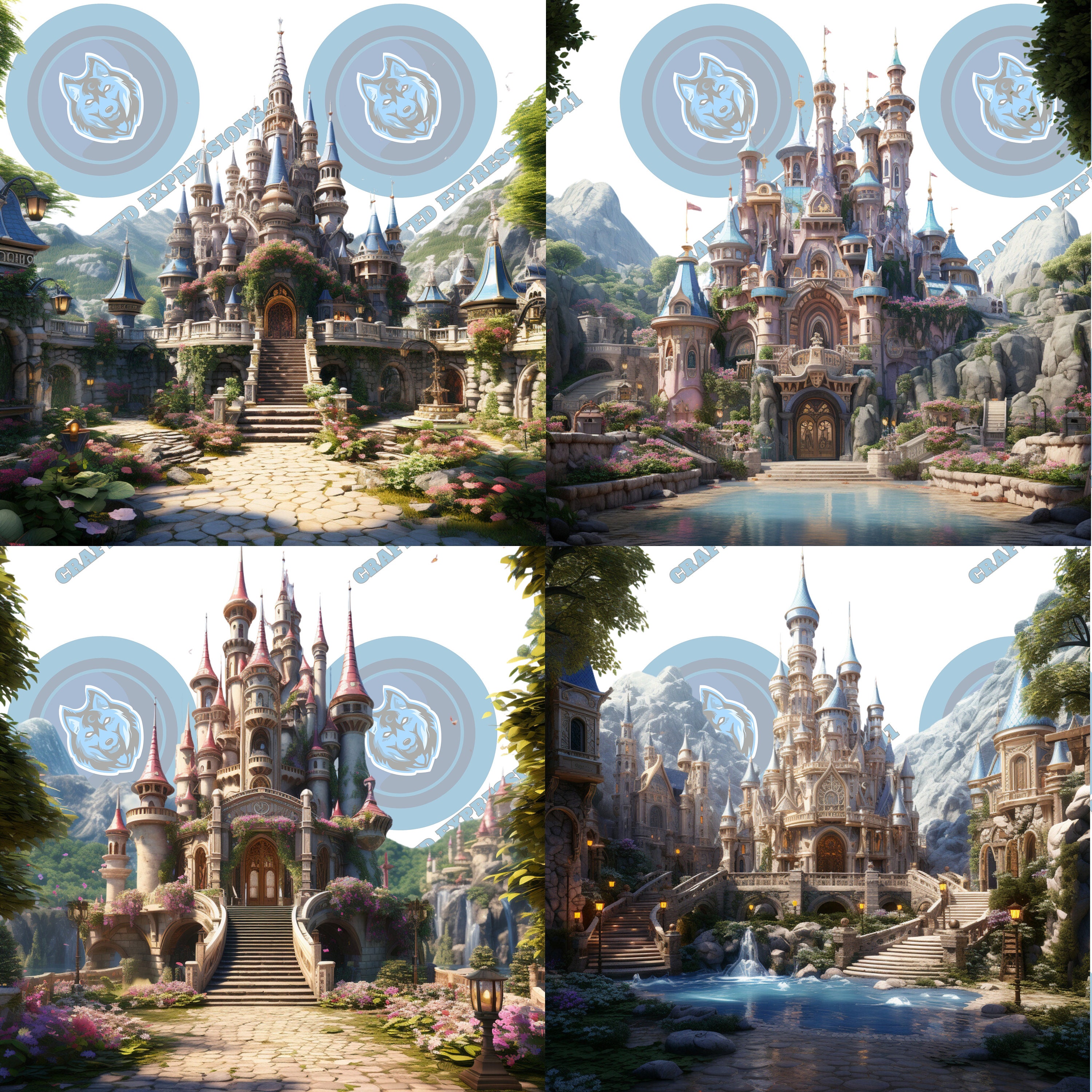 Elf Kingdom Clipart Set Gemstones, Towers, Gardens on White Canvas ...