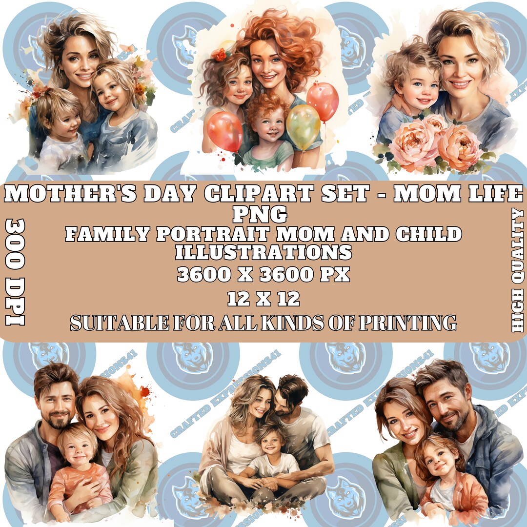 Mother's Day Clipart Set 26 PNG Mom Life PNG, Family Portrait, Mom and ...
