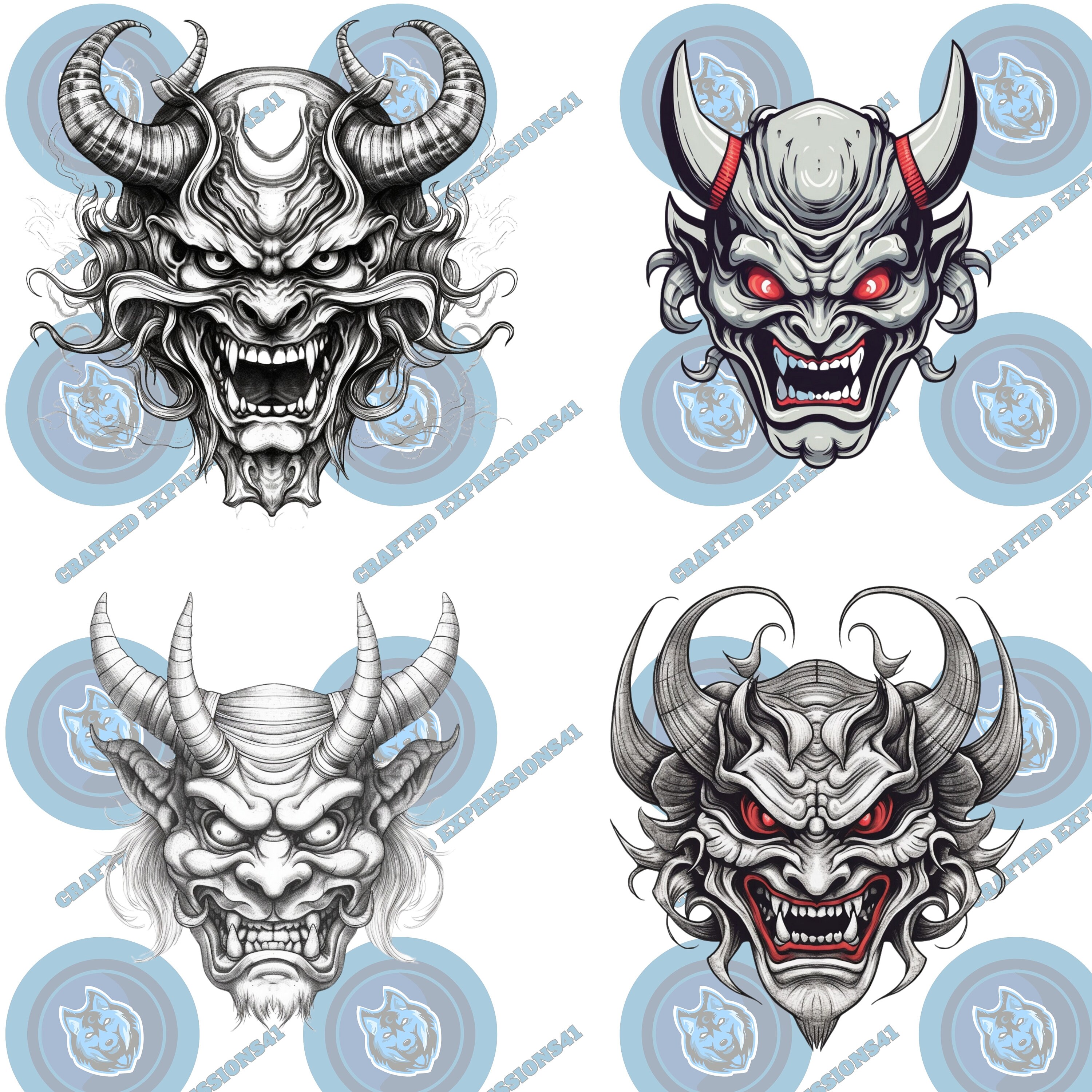 20 Japanese Demon Mask Clipart Bundle Anime Oni, Hanya, Tengu, Ninja ...