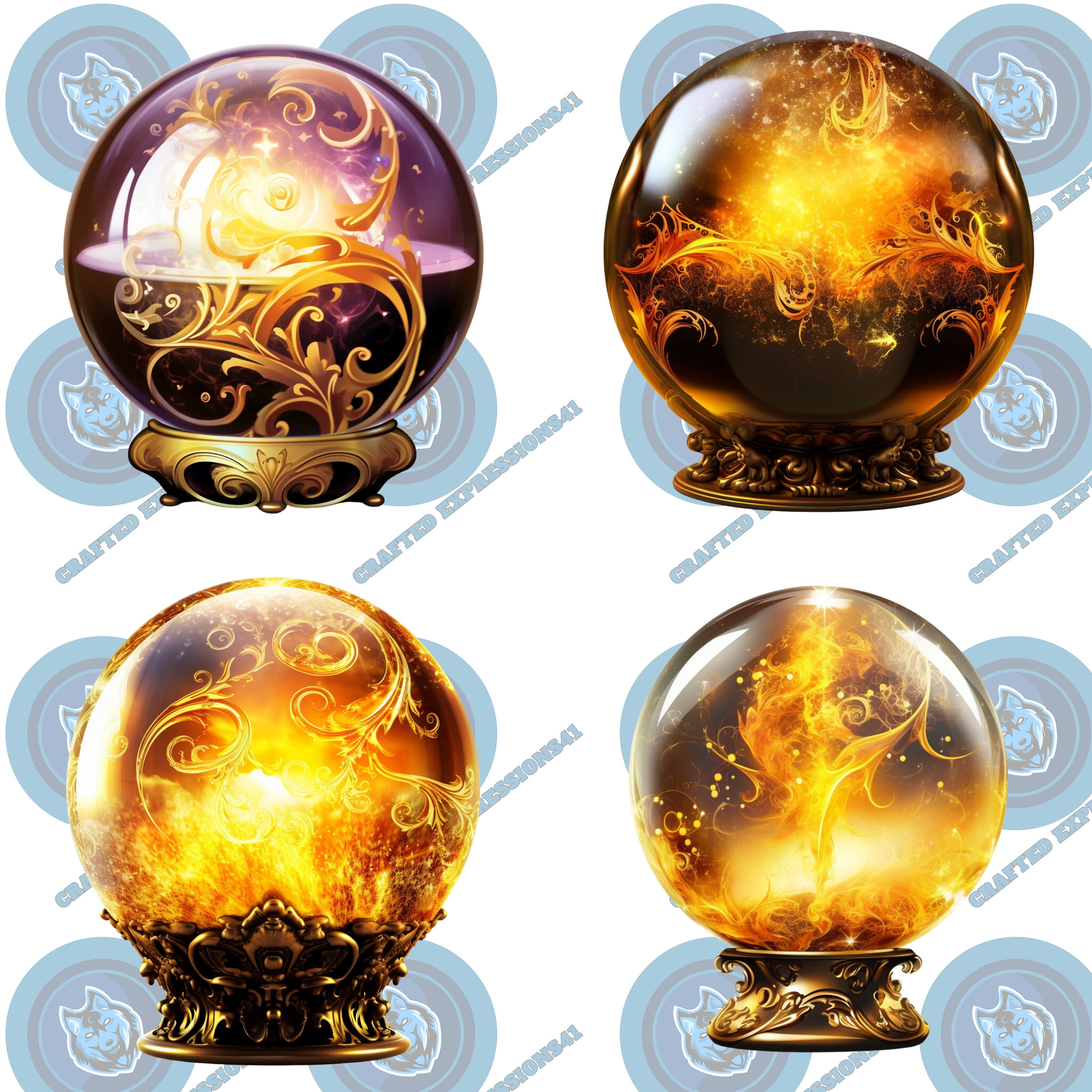 Witches' Crystal Ball Clipart Gold-footed Design With Ghostly Flames ...