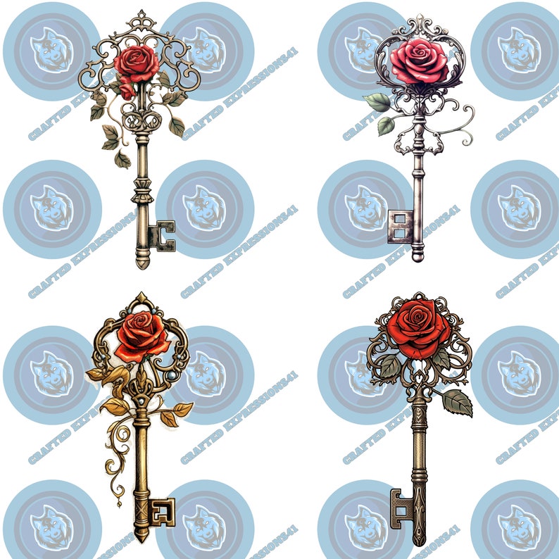Medieval Rose Key Clipart Romantic Art-inspired Design Delicate Rose ...