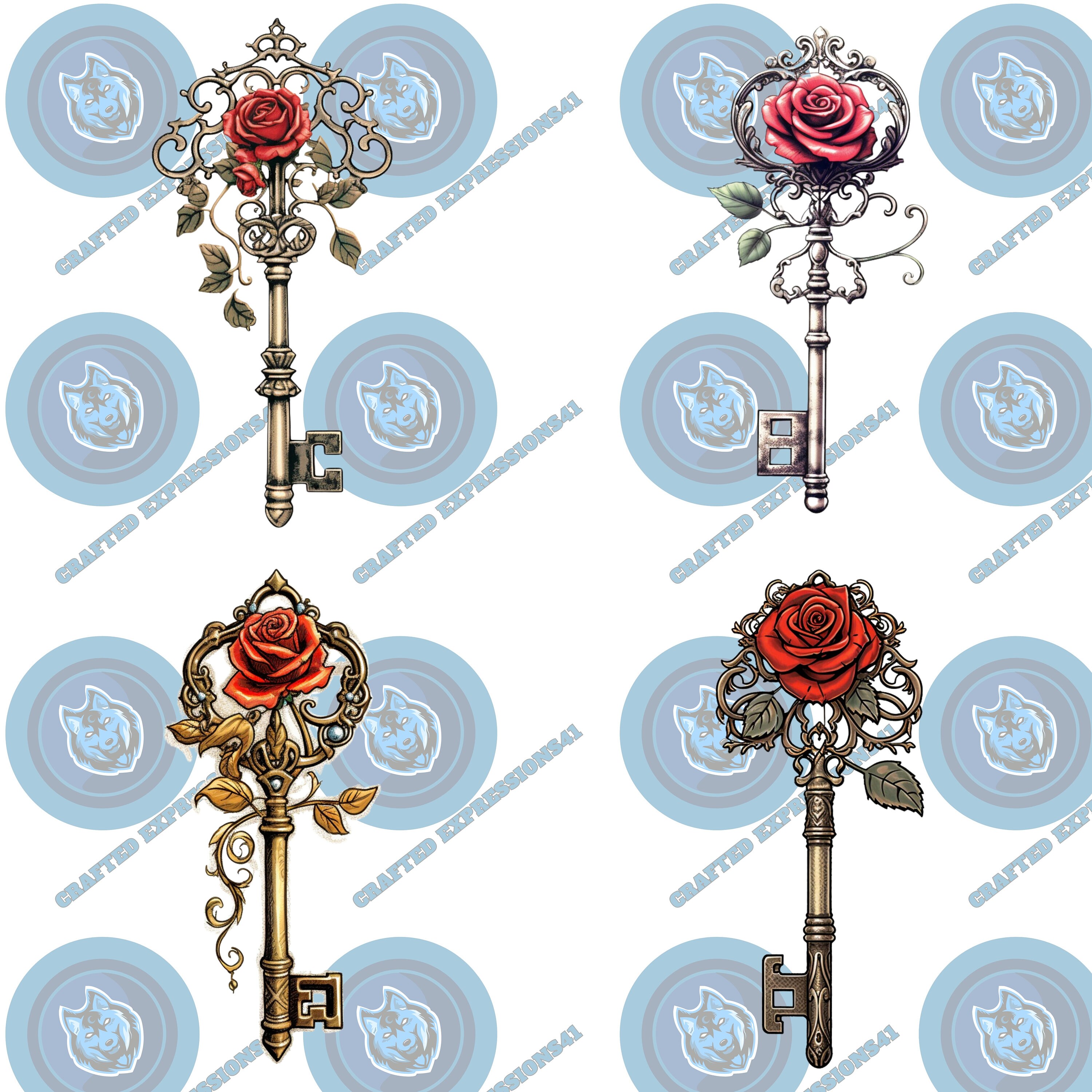 Medieval Rose Key Clipart Romantic Art-inspired Design Delicate Rose ...