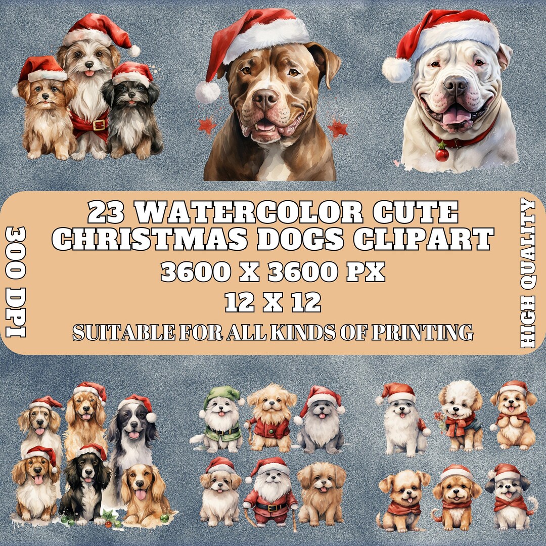 Watercolor Christmas Dogs Clipart: 23 PNG Pitbull, Dogo Argentino Cute ...