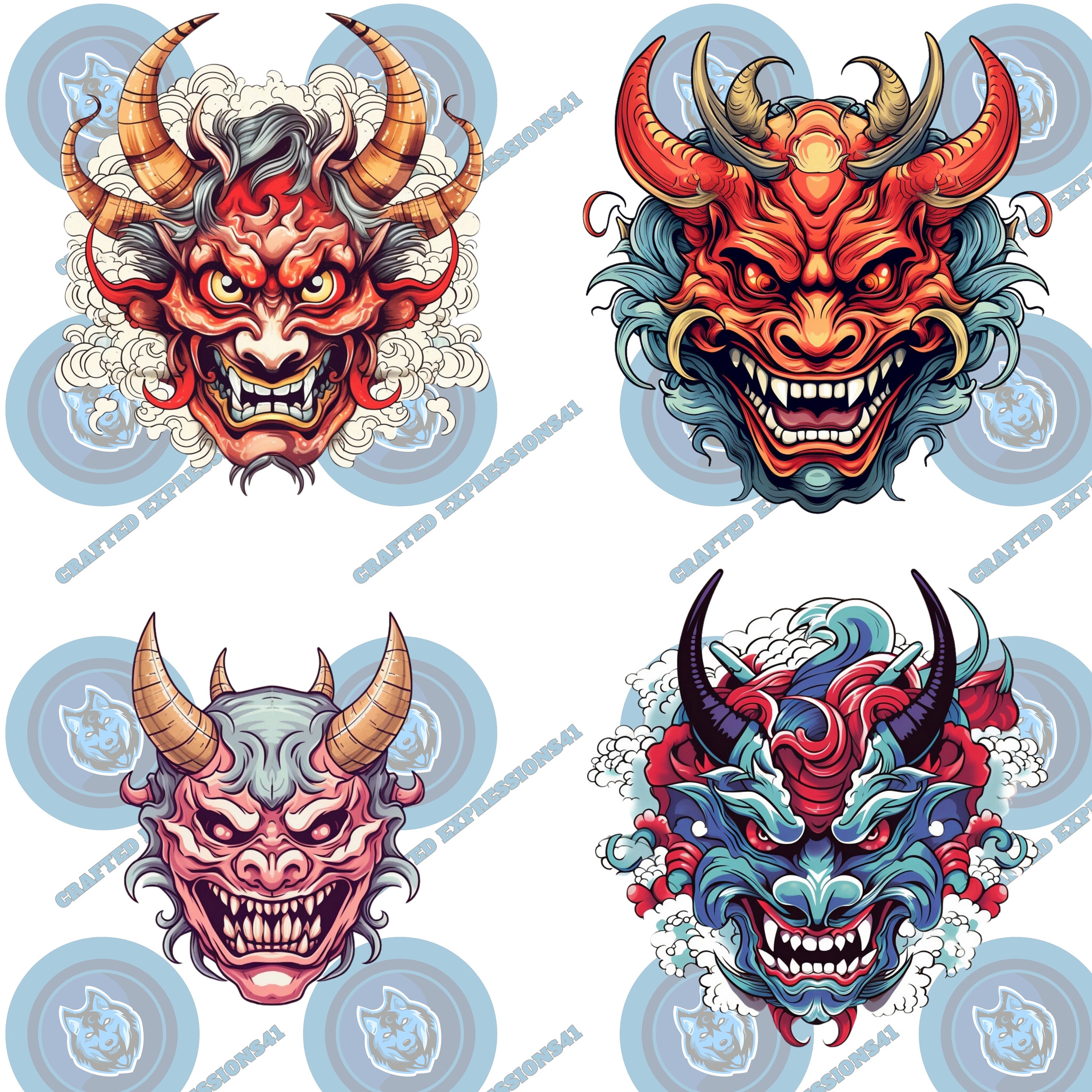 20 Japanese Demon Mask Clipart Bundle Anime Oni, Hanya, Tengu, Ninja ...