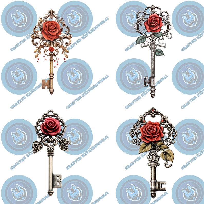 Medieval Rose Key Clipart Romantic Art-inspired Design Delicate Rose ...
