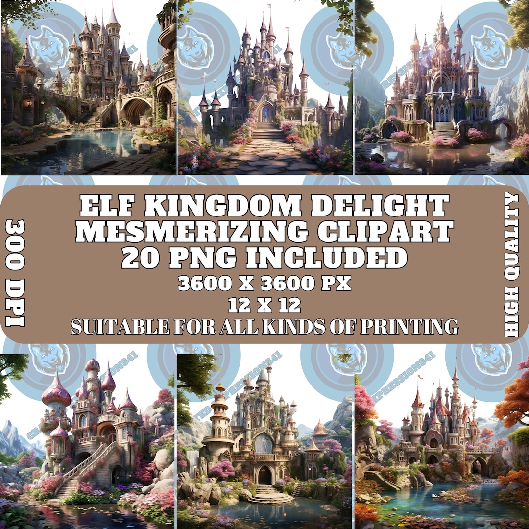 Elf Kingdom Clipart Set Gemstones, Towers, Gardens on White Canvas ...