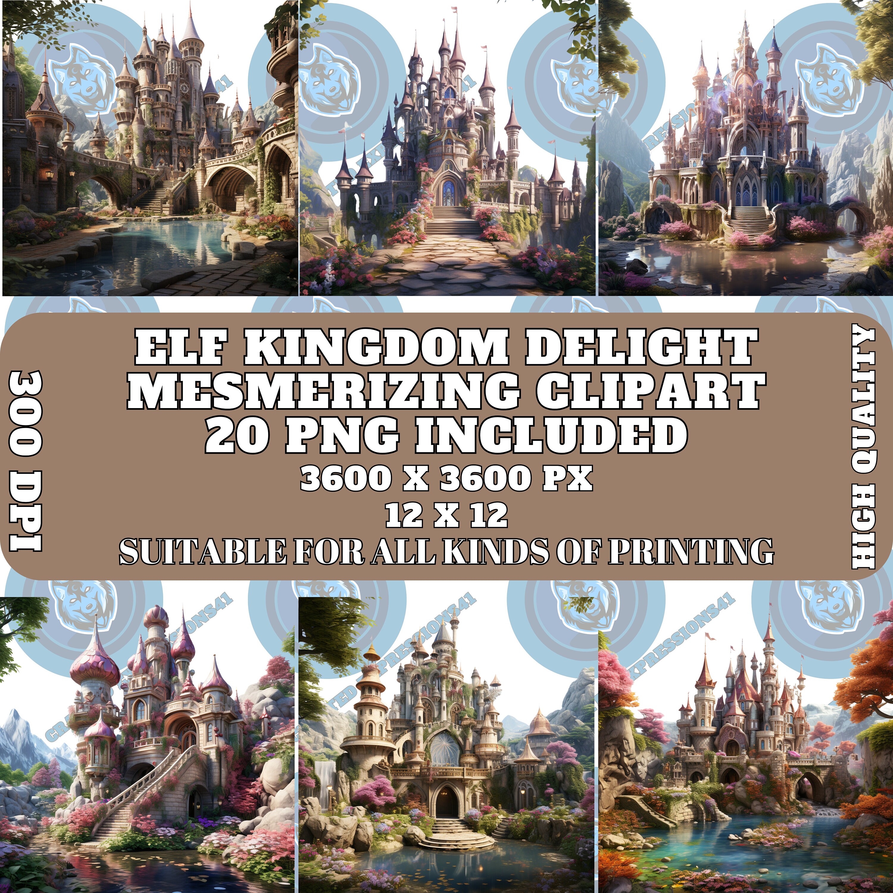 Elf Kingdom Clipart Set Gemstones, Towers, Gardens on White Canvas ...