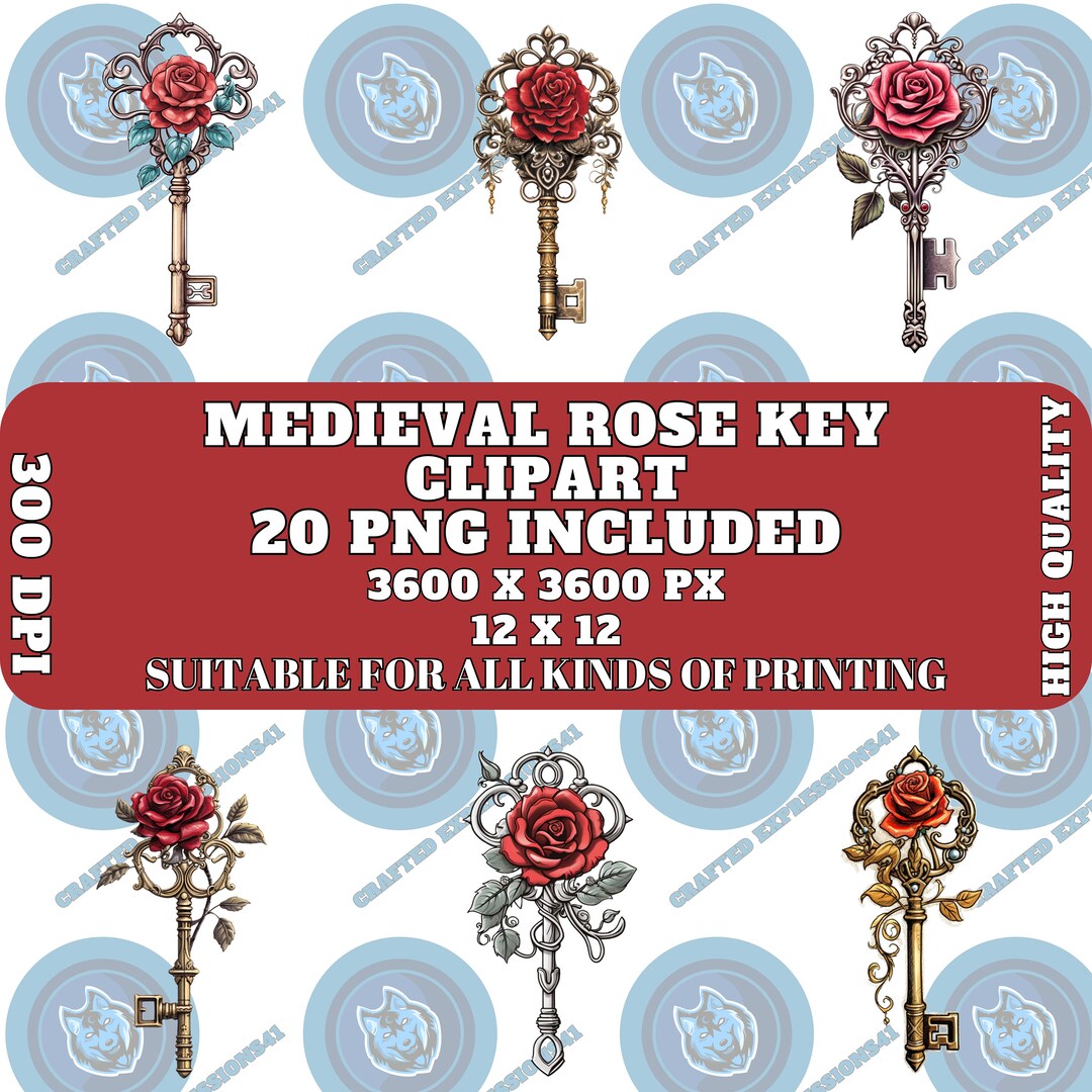 Medieval Rose Key Clipart Romantic Art-inspired Design Delicate Rose ...