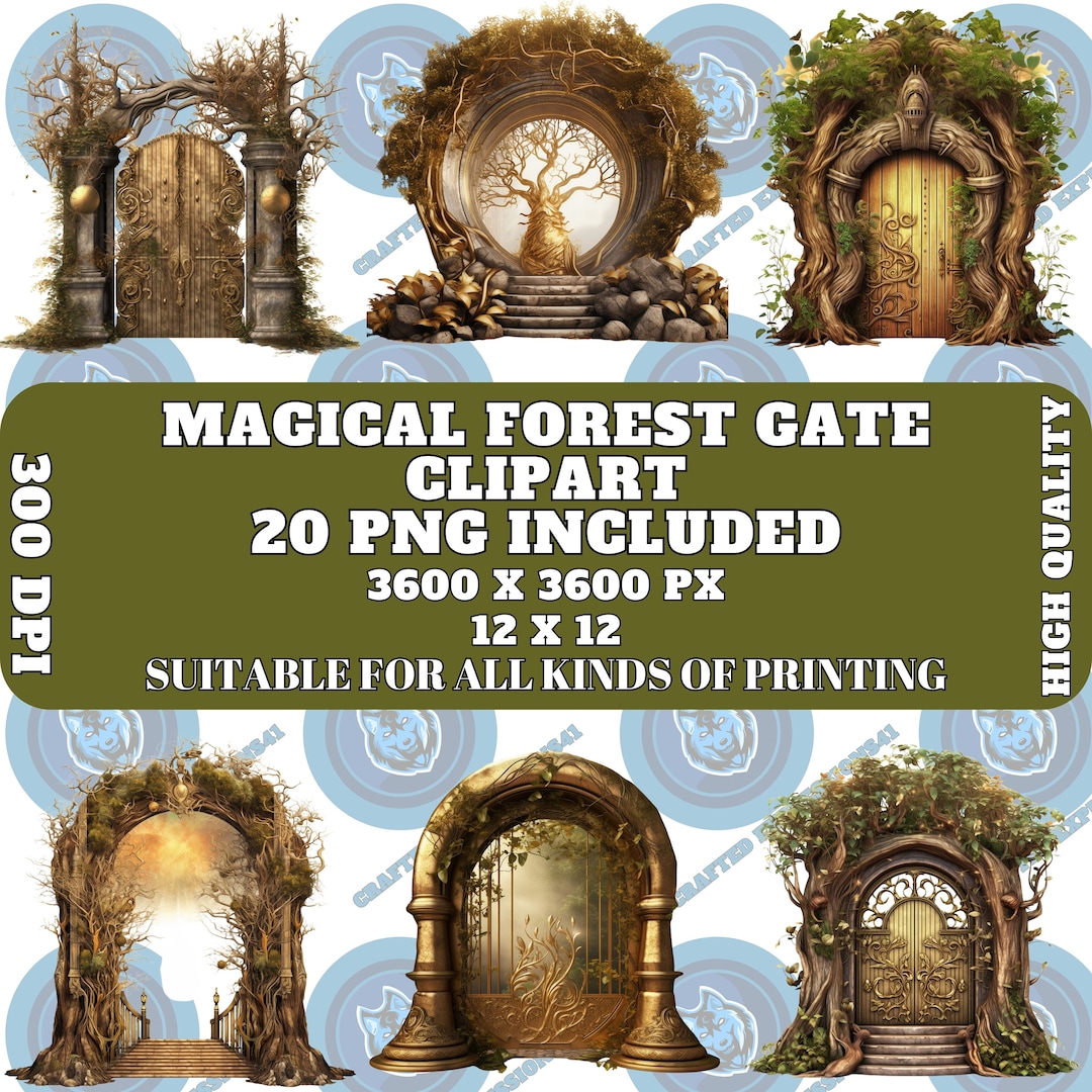 Enchanting Forest Gate Clipart Gold Tones, Wood Textures, Elf Motifs ...