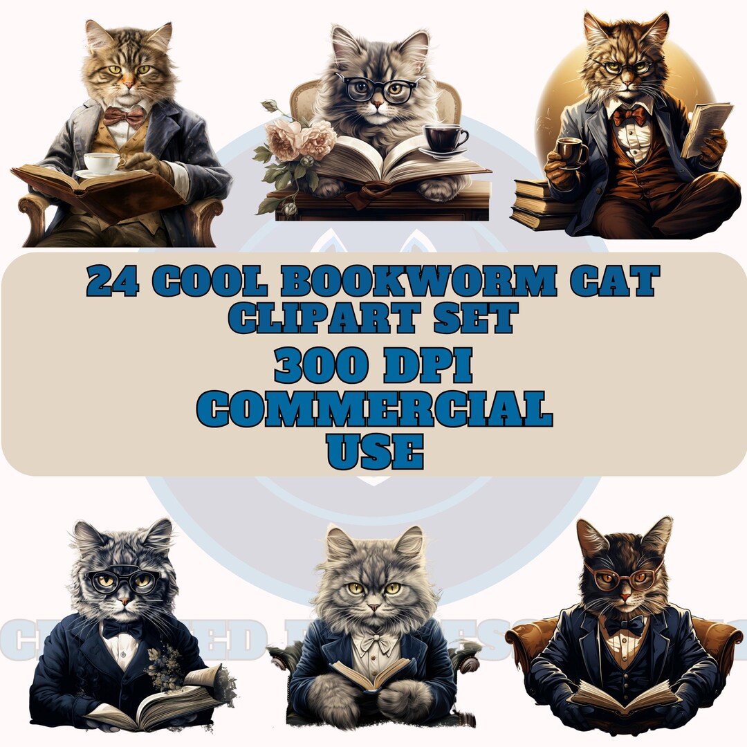 Bookworm Cats Clipart: Room Decor, Cup Design, Sticker, Wall & Pillow ...