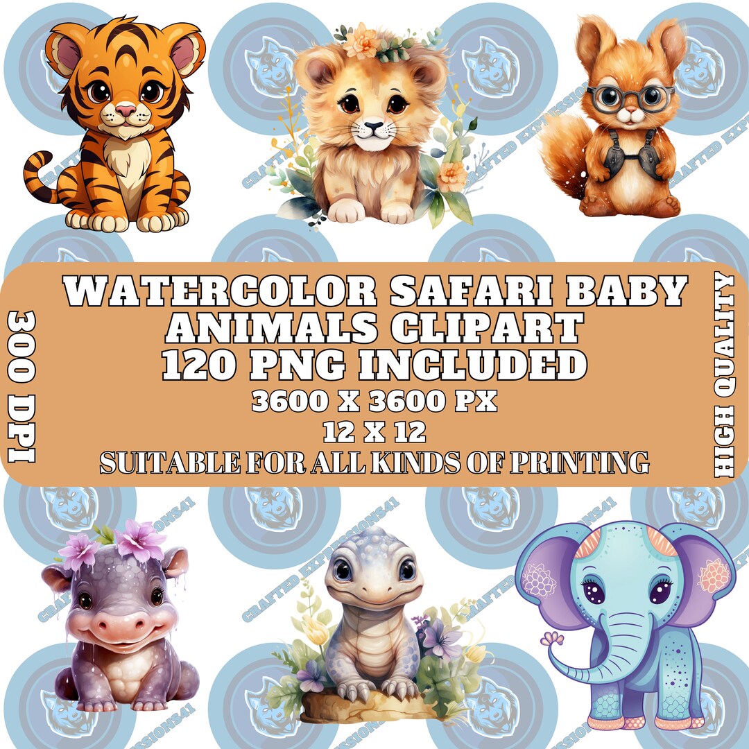 Watercolor Safari Baby Animals Clipart: 120 PNG Commercial Use Digital ...