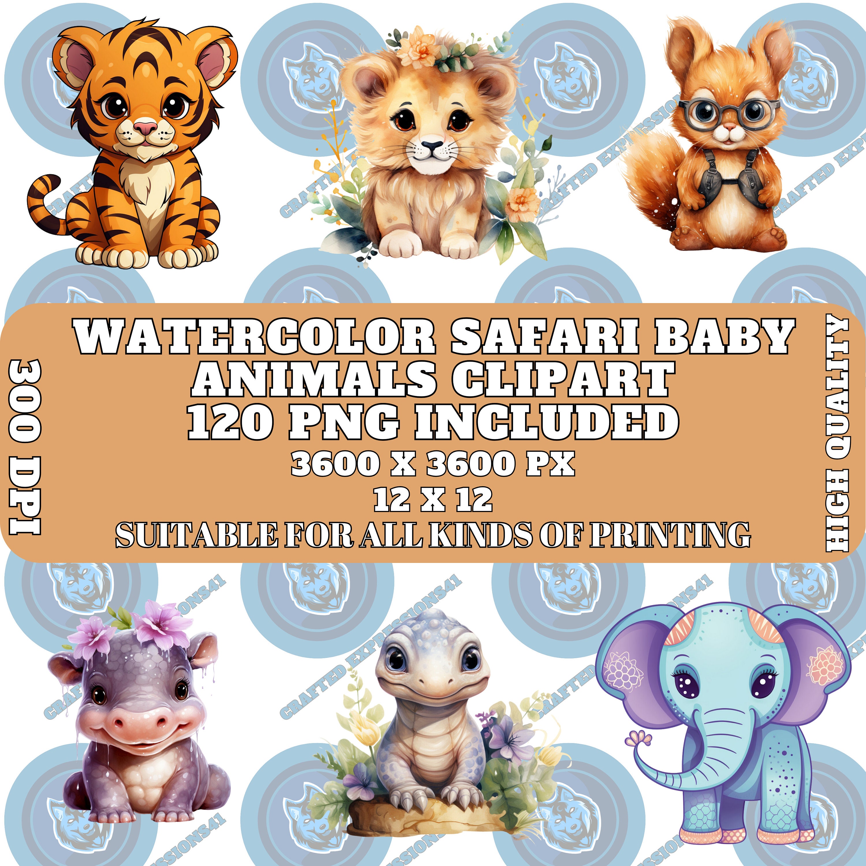 Watercolor Safari Baby Animals Clipart: 120 PNG Commercial Use Digital ...