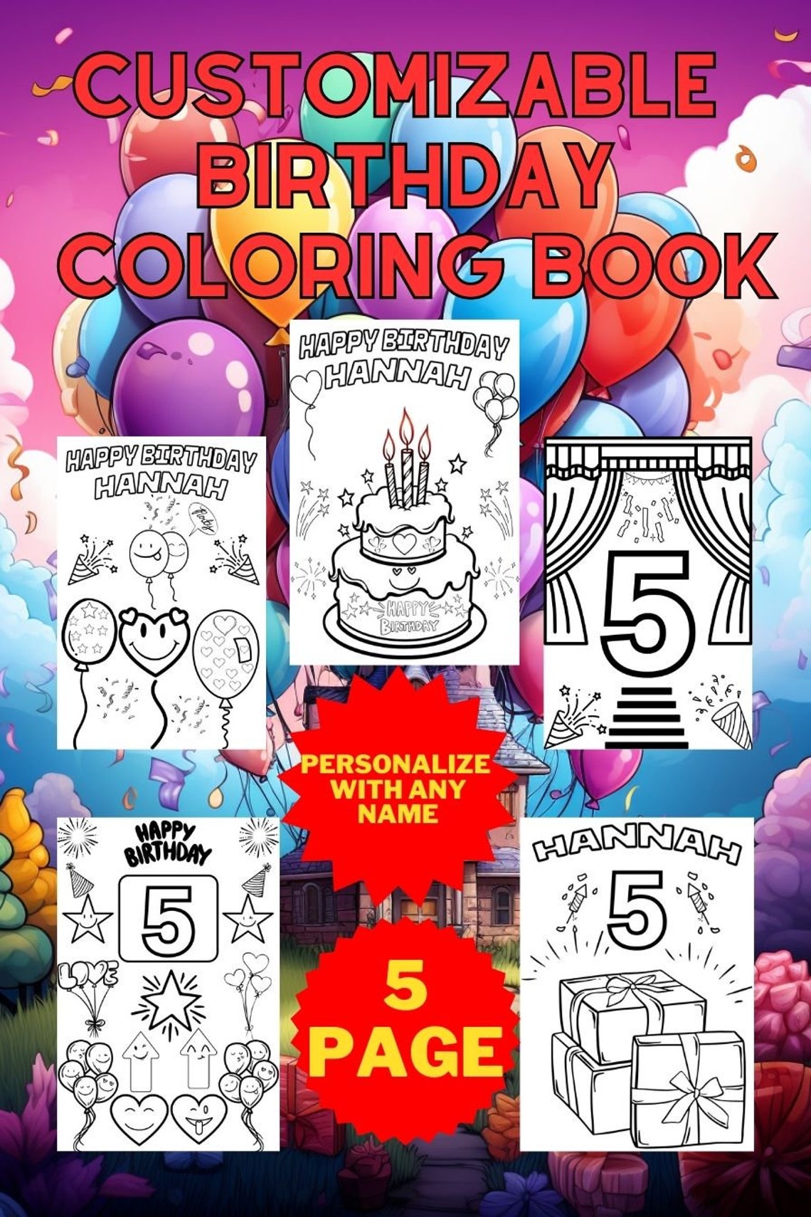Customizable Birthday Coloring Pages for Kids: Set of 5 Cute Custom ...