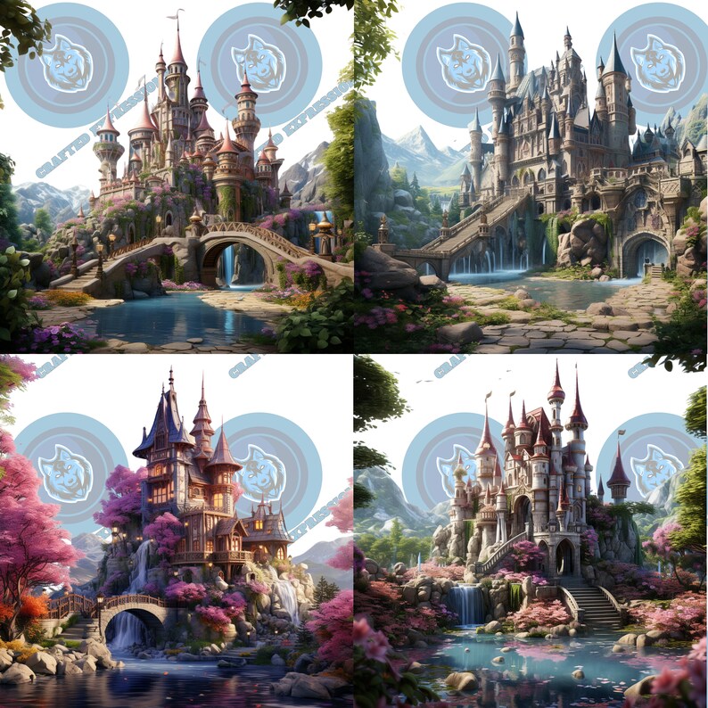 Elf Kingdom Clipart Set Gemstones, Towers, Gardens on White Canvas ...